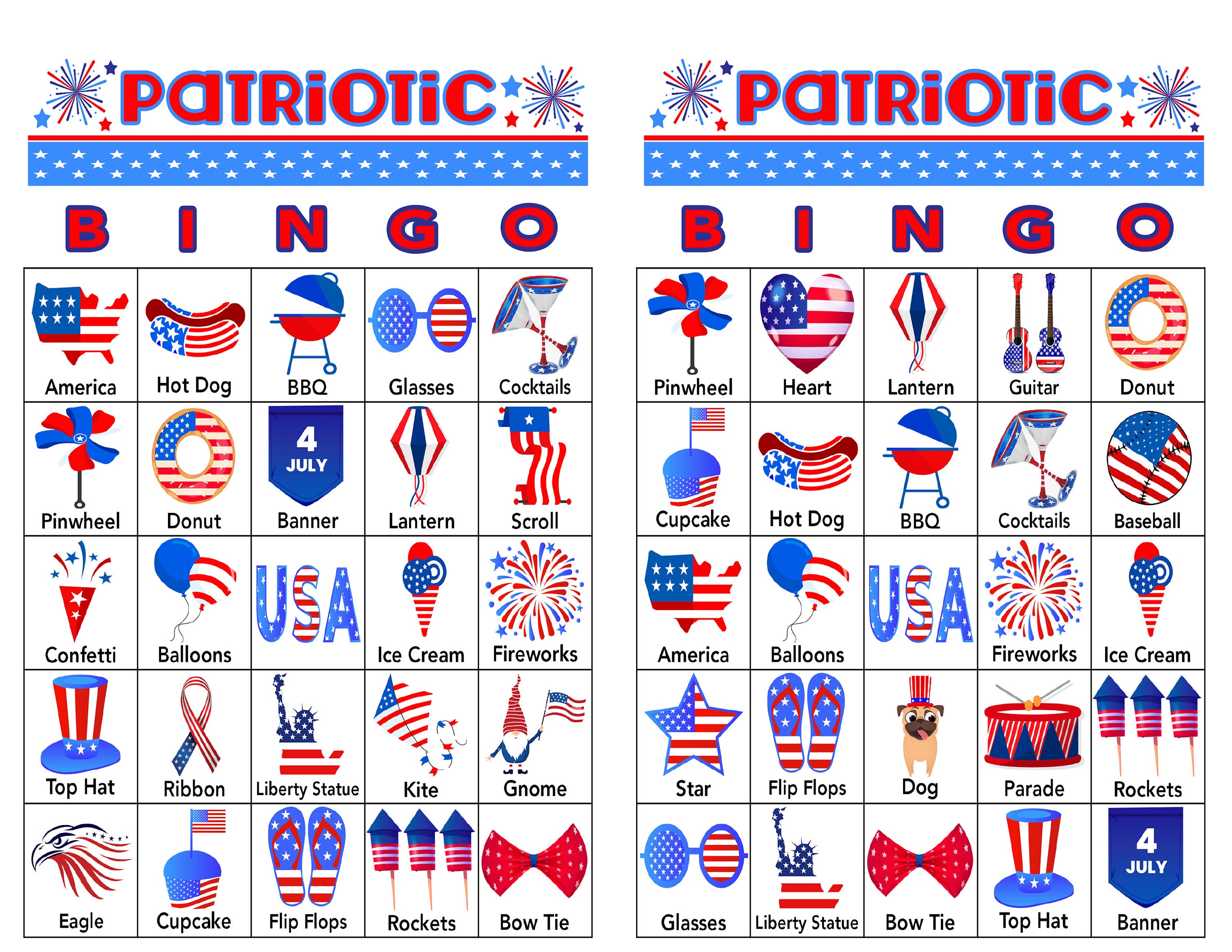Patriotic Bingo Cards: Printable Bingo 30 Cards 4th of July - Etsy