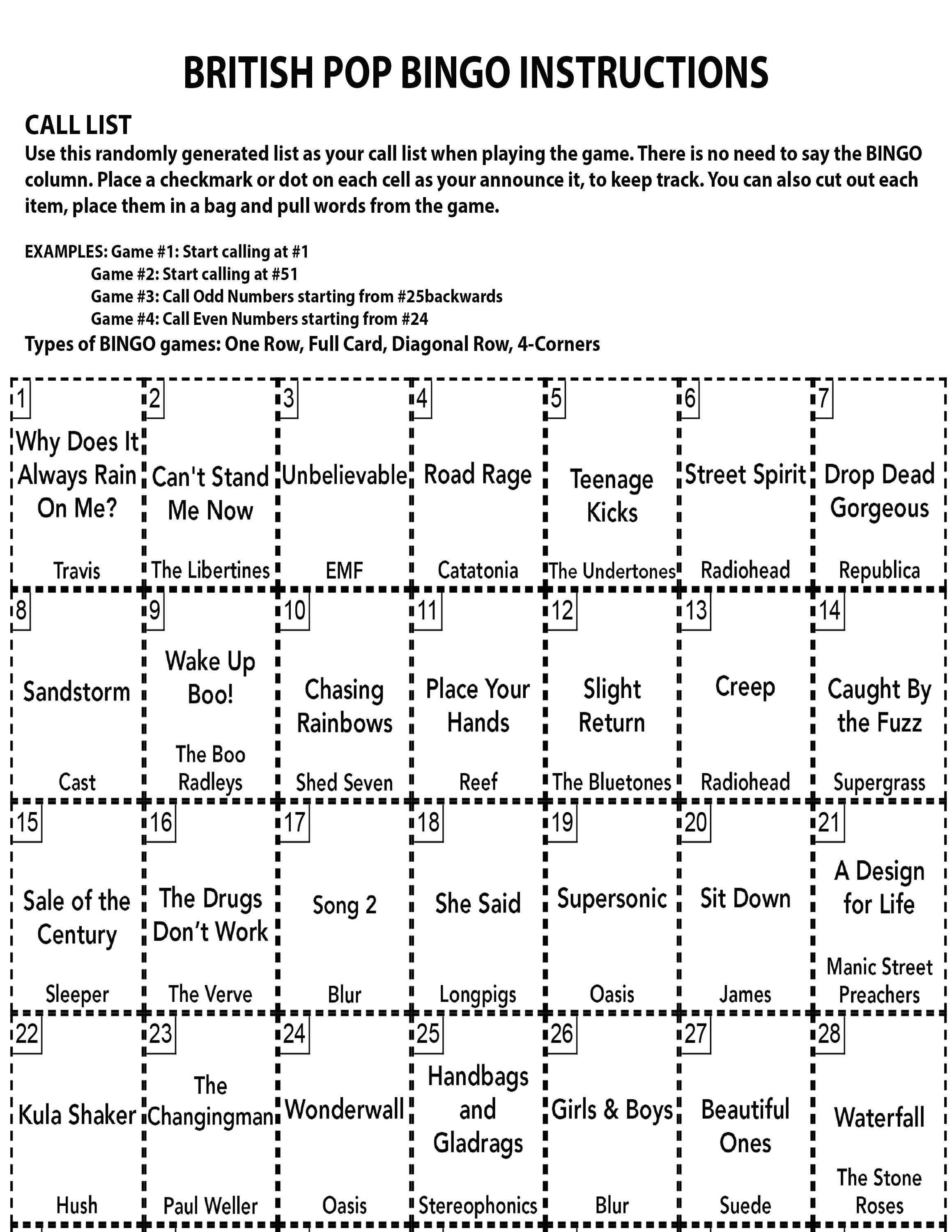 BRIT POP Music Hits, British POP Music Party, Digital Download, Bingo ...