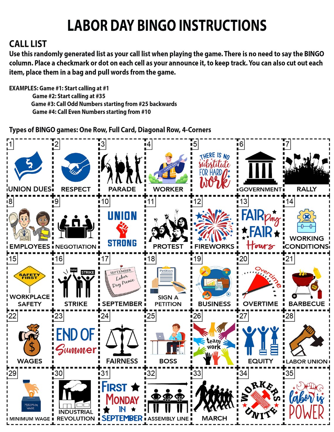 Labor Day Game, Party Game, Labor Day Bingo Game, Labor Day Printable ...