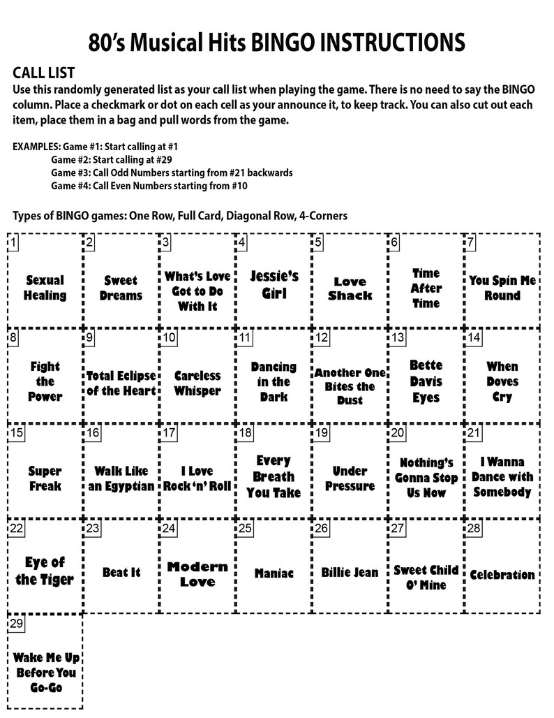 80's Music Hits 80's Party Digital Download Bingo - Etsy
