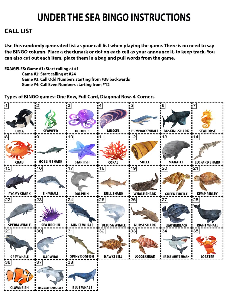 Under the Sea Bingo Game, Summer and Beach Fun, Summer Fun Games for ...
