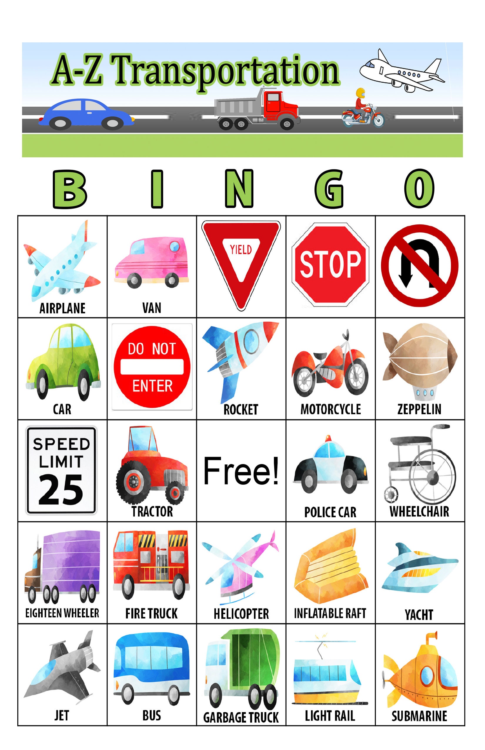 A-Z Transportation Bingo Game Birthday Bingo Party Bingo - Etsy