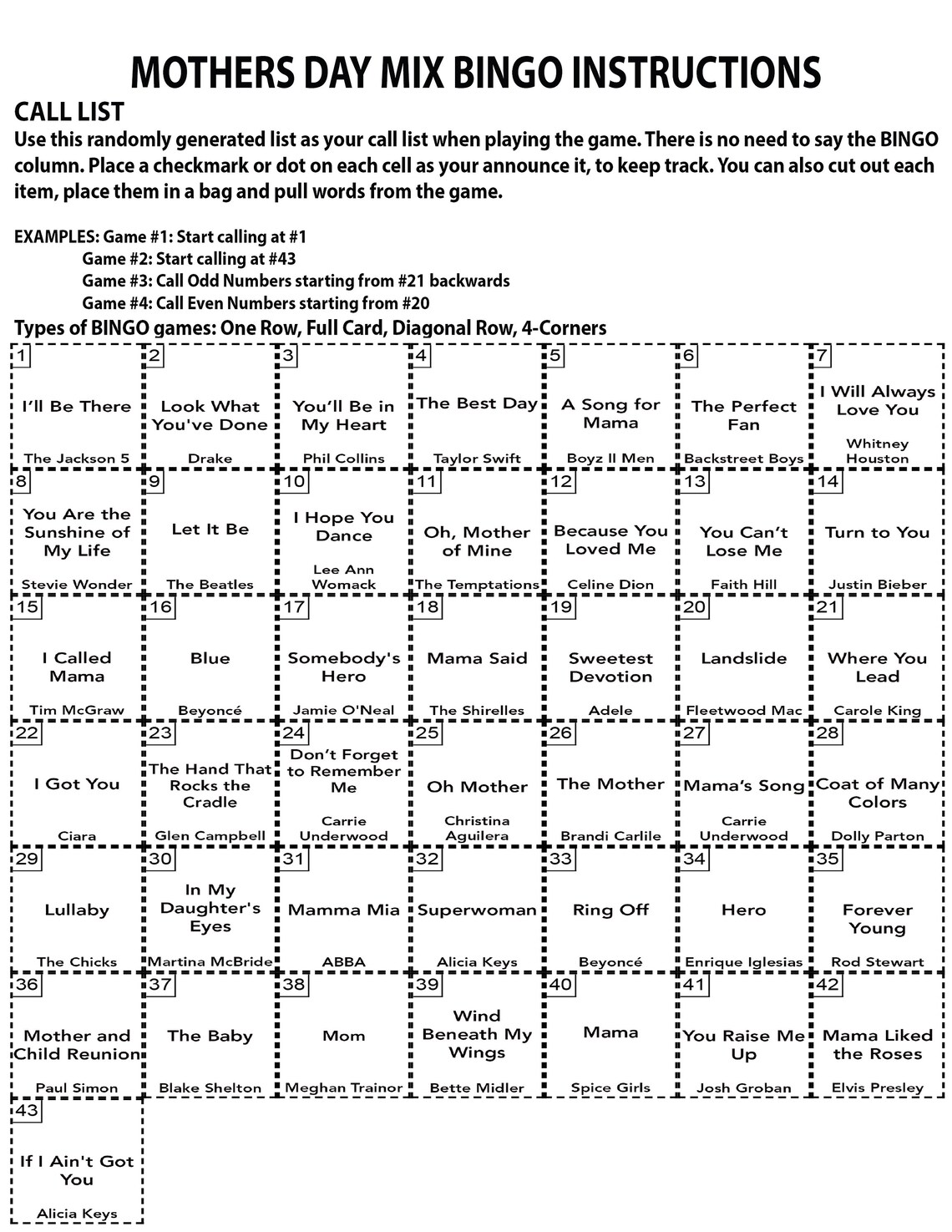 Mother's Day Bingo Game Mother's Day Song Bingo Easy - Etsy