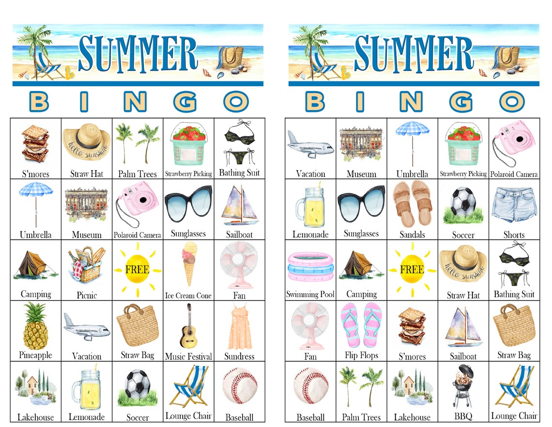 Summer Bingo Cards Summer Vacation Bingo Camp Party Bingo Etsy Nederland