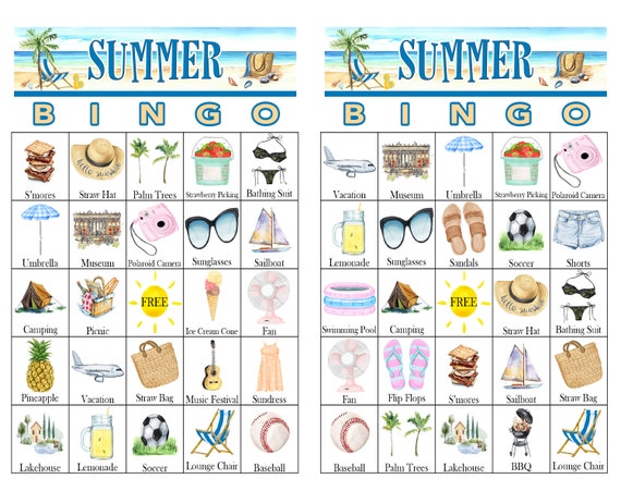 Summer Bingo Cards, Summer Vacation Bingo, Camp Party Bingo, Summer ...