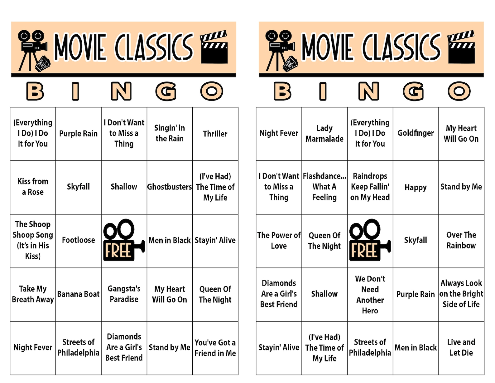 Movie Song Bingo, Movie Classics Bingo, Family Night Games, Instant ...