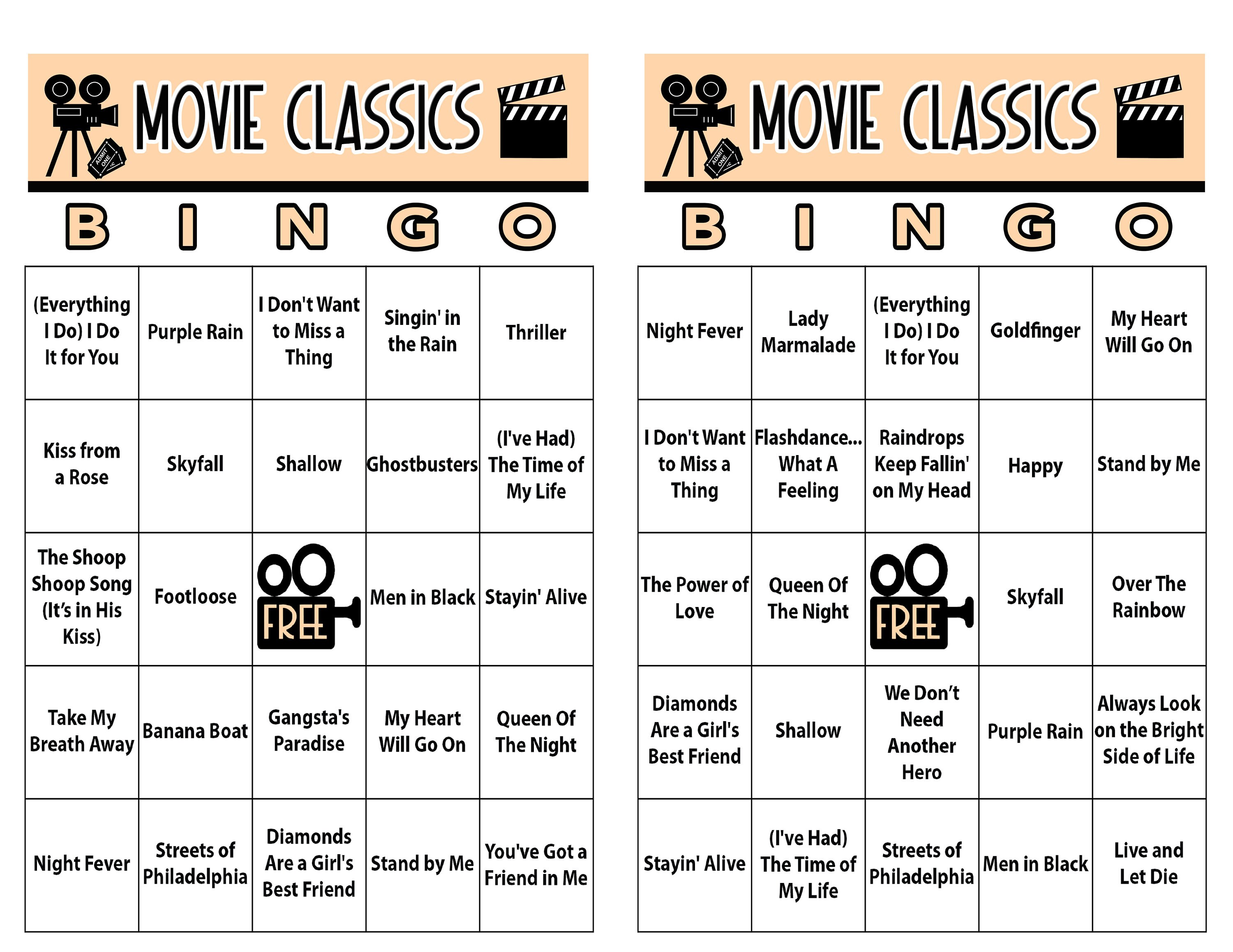 Movie Song Bingo Movie Classics Bingo Family Night Games - Etsy