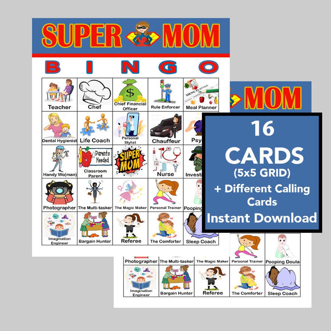 SUPER Mom Bingo (mother's Day Bingo), Mothers Day Bingo 16 Different ...