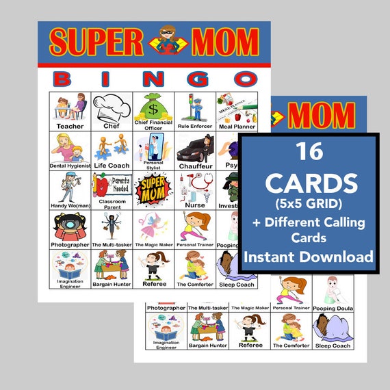 SUPER Mom Bingo mother's Day Bingo Mothers Day Bingo 16 | Etsy