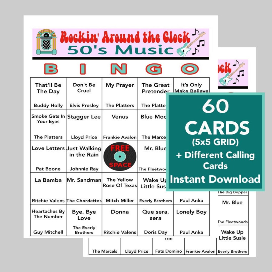 50's Music Hits, 50's Party, 50's Bingo, Instant Digital Download ...