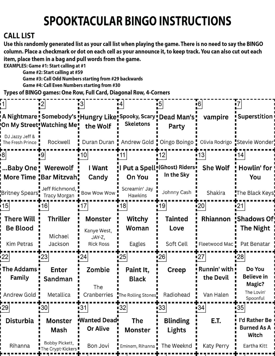 Halloween Music Bingo, 30 Unique Cards, Spotify/youtube Playlist ...