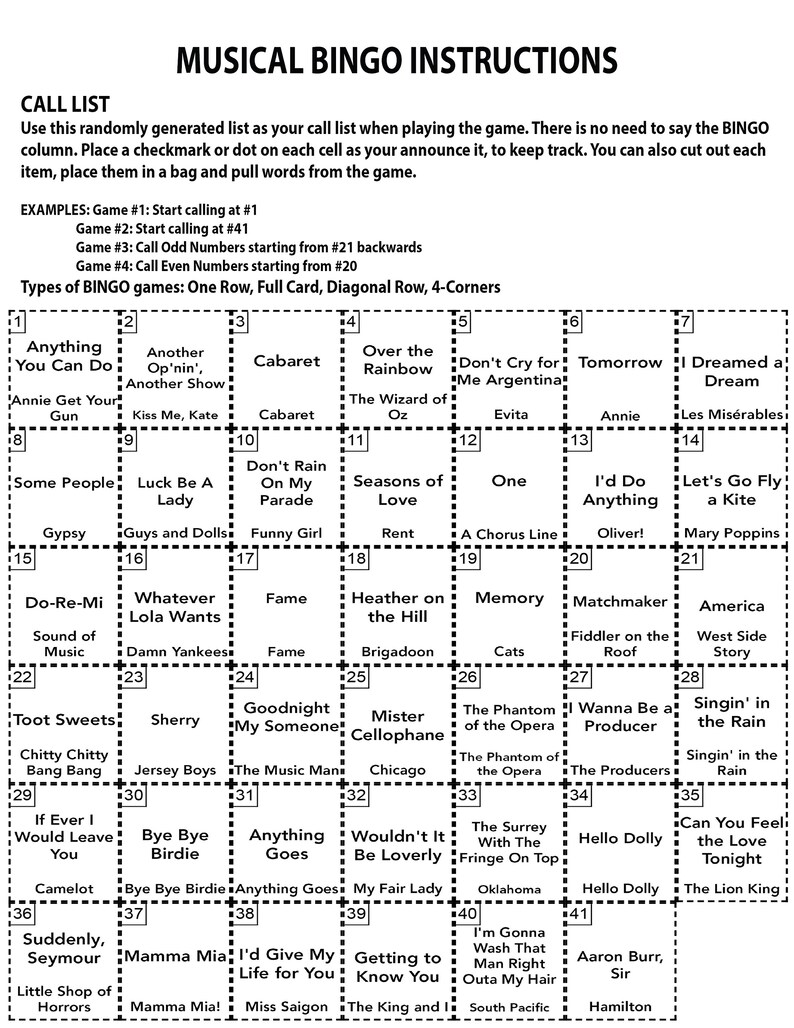 Musicals, Broadway Music Hits, Broadway Musicals, Bingo Games, Instant ...