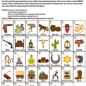 Wild West, Western, Cowboy Games, Cowboy Bingo, 5x5 Bingo Printable ...