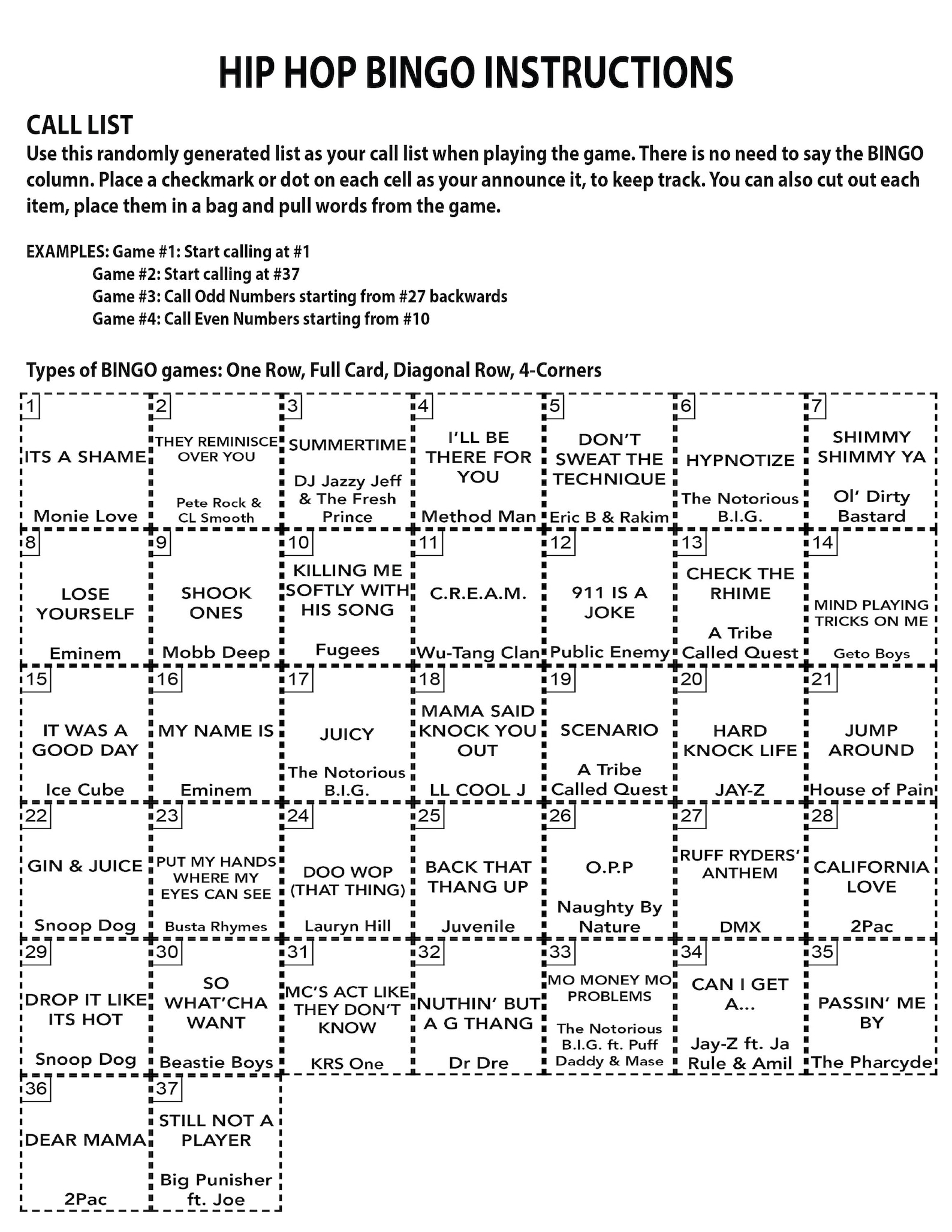 Hip Hop Music, Hip Hop Music Party, Instant Digital Download, Bingo ...