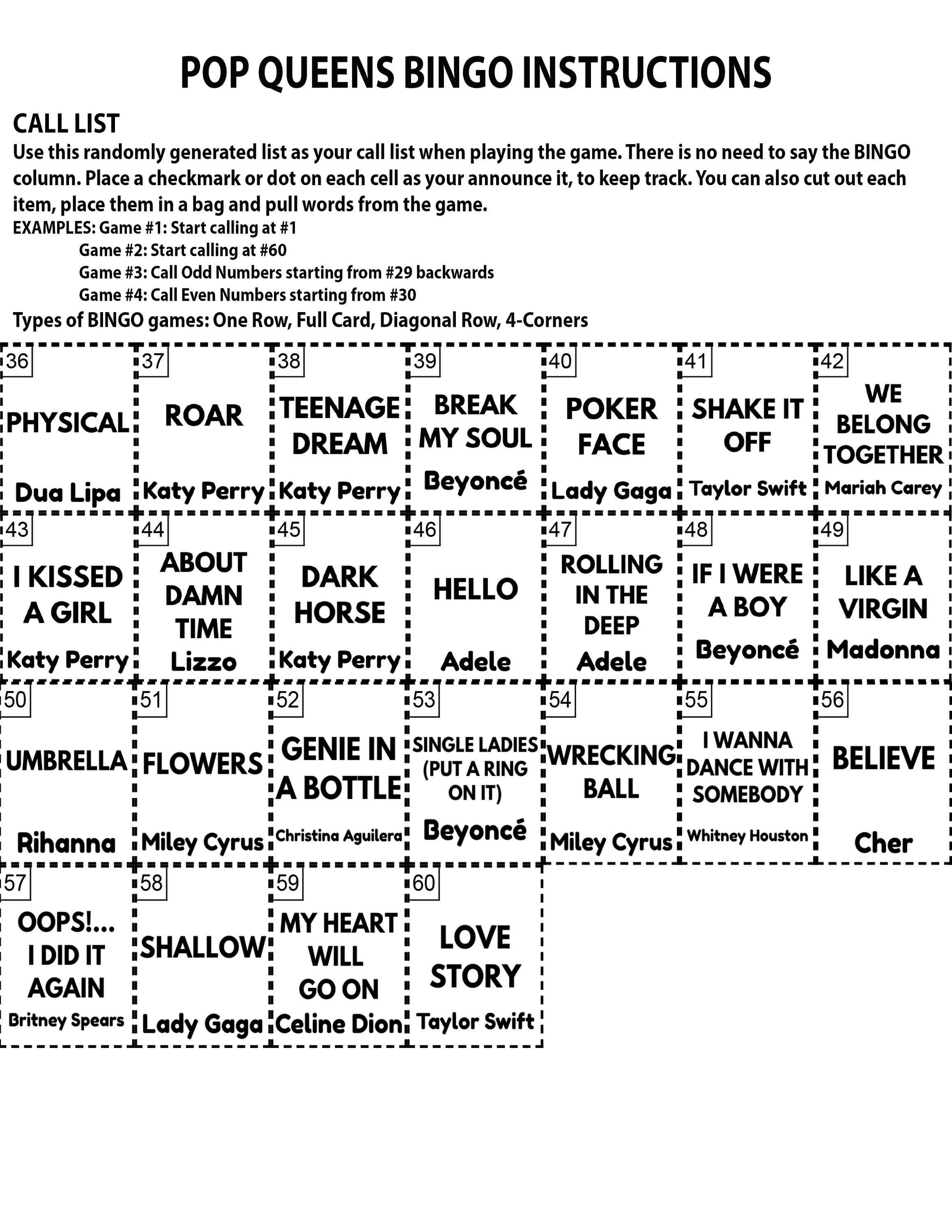 POP Queen Music Hits, Female Singers, Queen of Music, Music Bingo ...