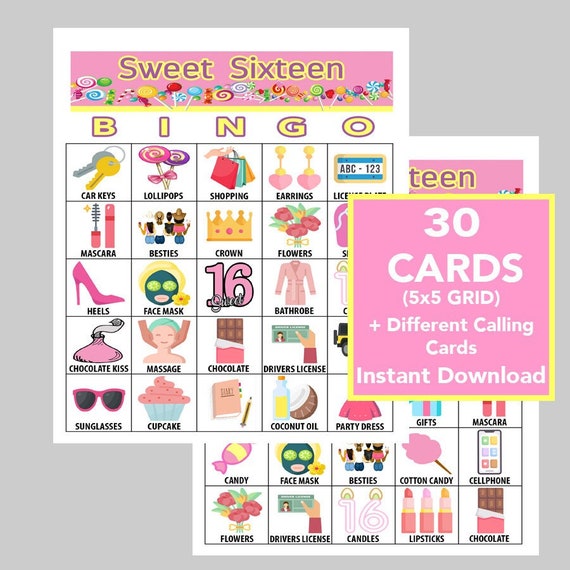 Sweet 16 Party Bingo 30 Cards Download Bingo Games - Etsy