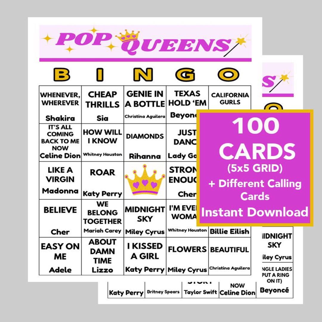 POP Queen Music Hits, Female Singers, Queen of Music, Music Bingo ...