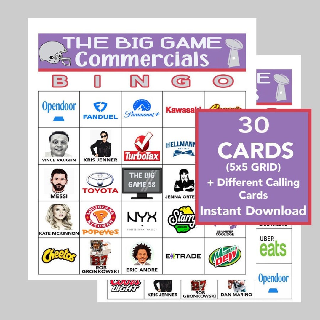 Football Game, the Big Game Commercial Bingo, 5x5 Bingo Cards, Instant ...