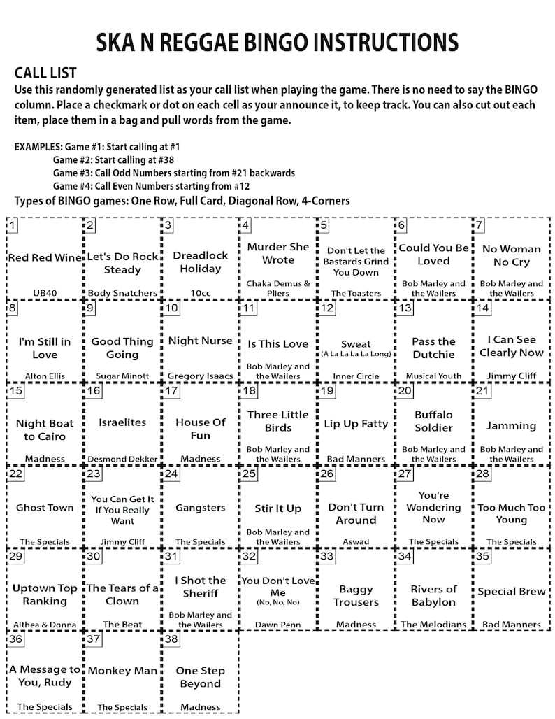 Ska N Reggae Reggae Music Music Bingo Jamaica Group - Etsy