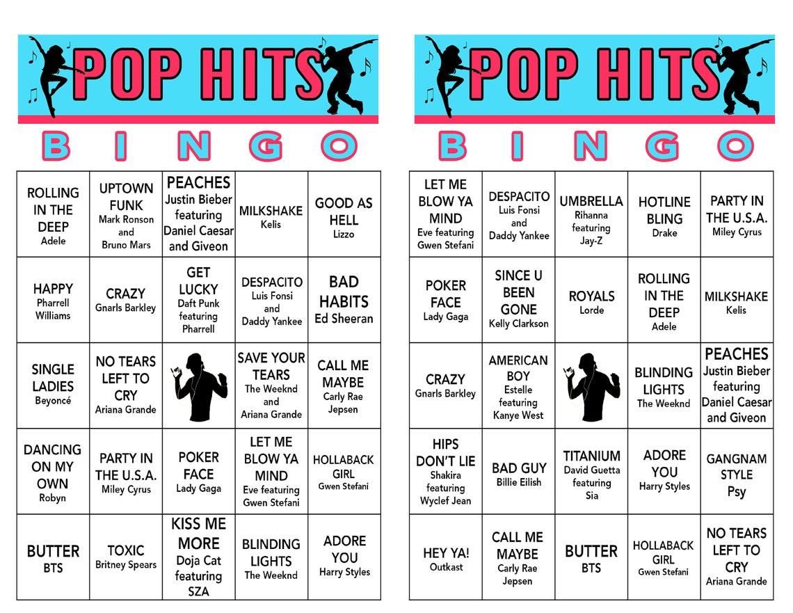 POP Music Hits POP Music Party Digital Download Bingo - Etsy