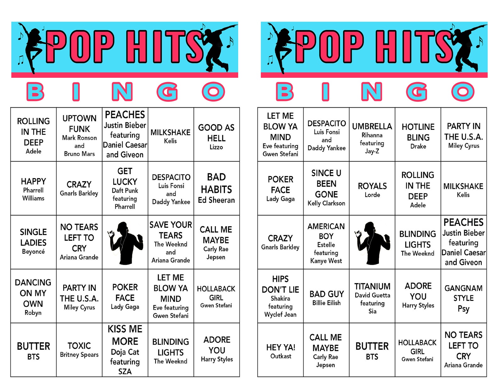 POP Music Hits POP Music Party Digital Download Bingo - Etsy