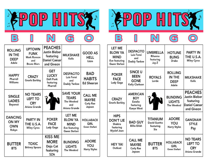 POP Music Hits POP Music Party Digital Download Bingo - Etsy