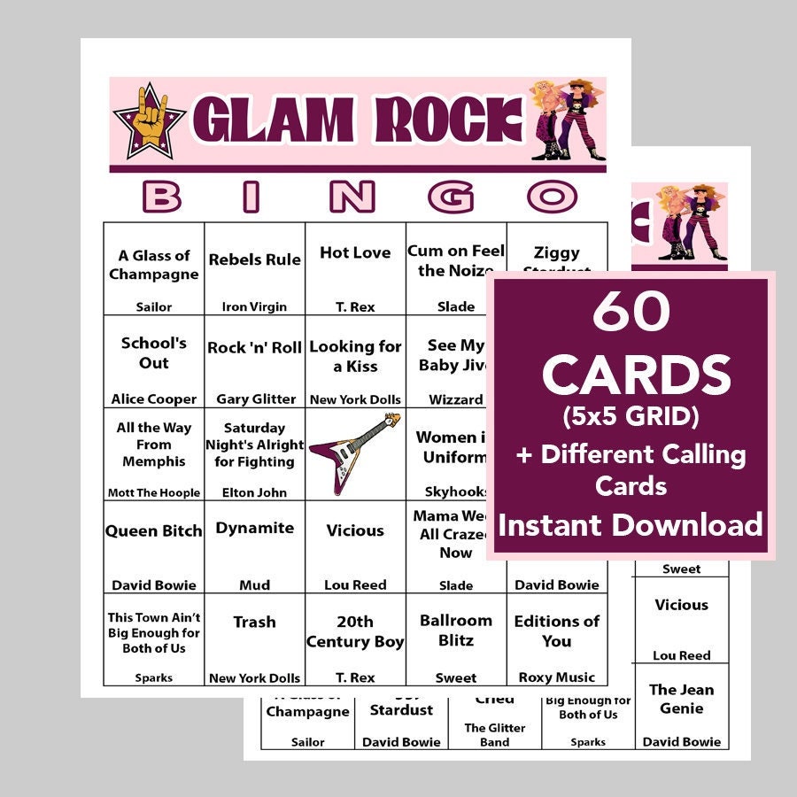 Glam Rock, 70's Rock 'n' Roll Bingo, Music Games, Rock 'n' Roll Party ...