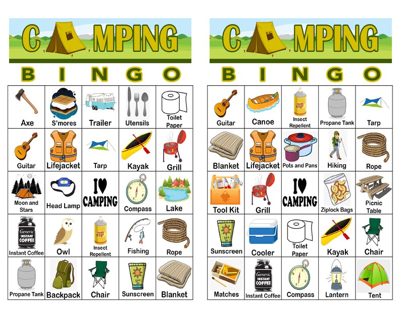 Camping Bingo, Camping Games, Kid's Camping, Instant Digital Download ...