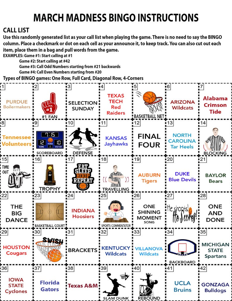 March Madness Basketball Bingo Game | 30 Unique Cards (instant Download ...