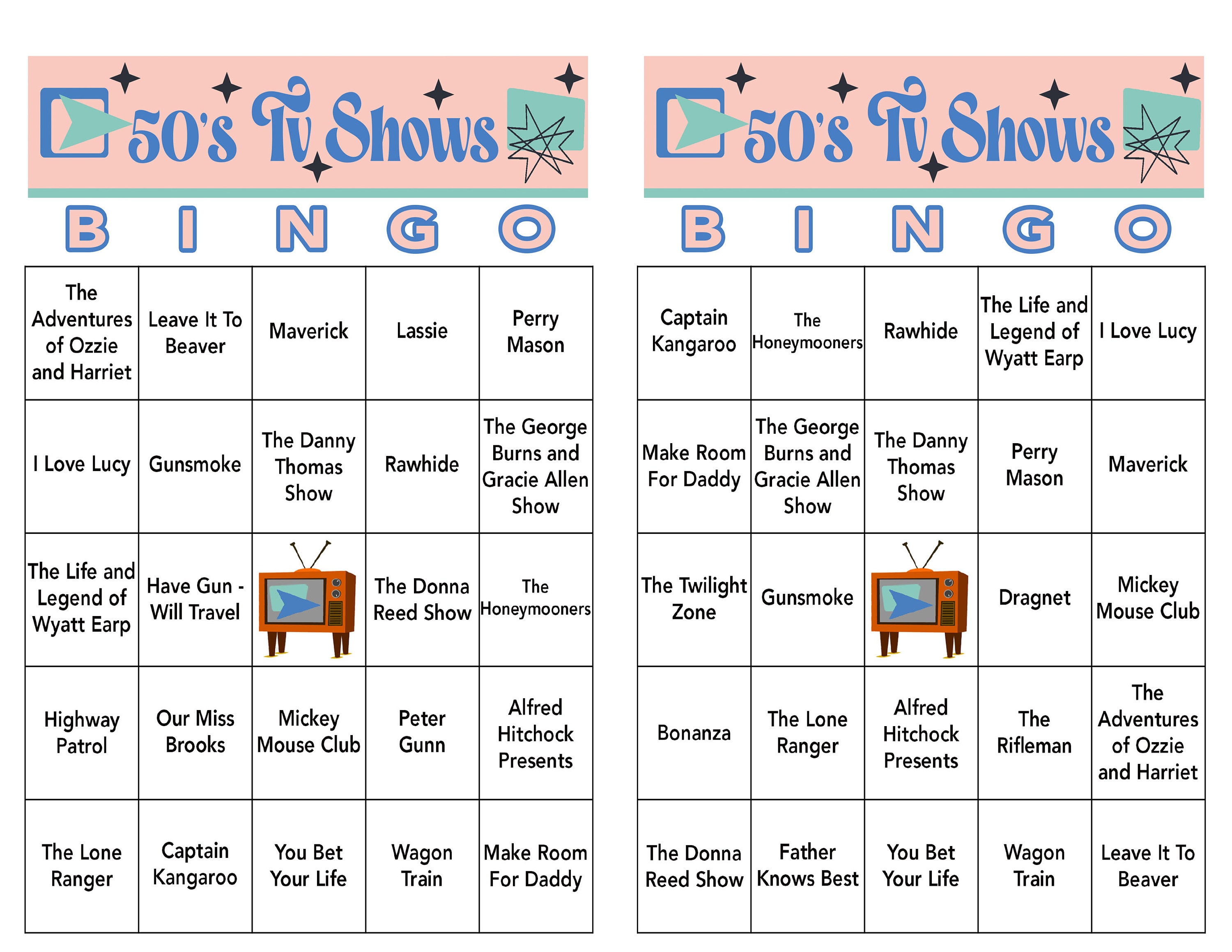 50's TV Shows 50's Games 50's Bingo Music - Etsy