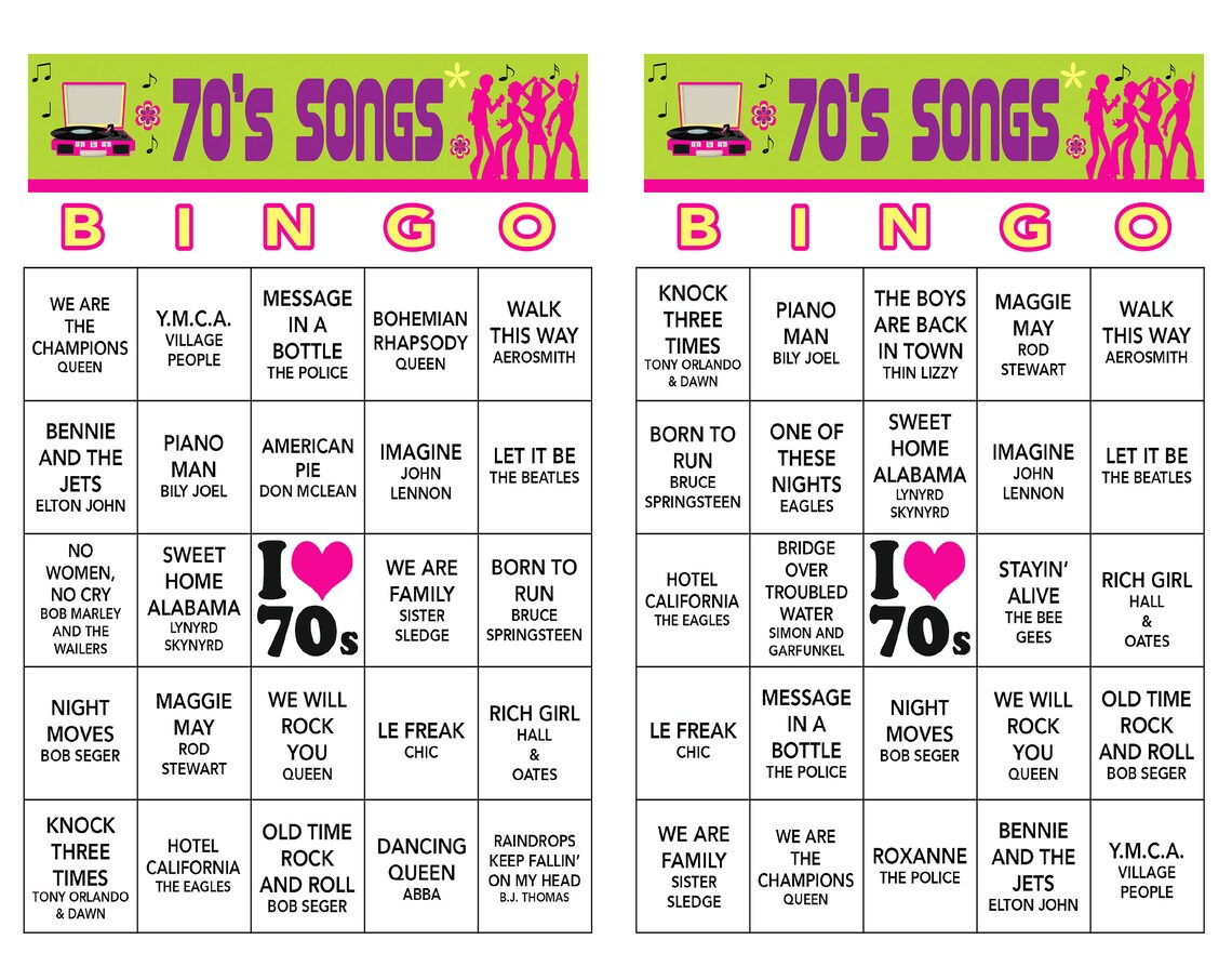 70's Music Hits Bingo Game, 60 Printable Cards (digital Download) - Etsy