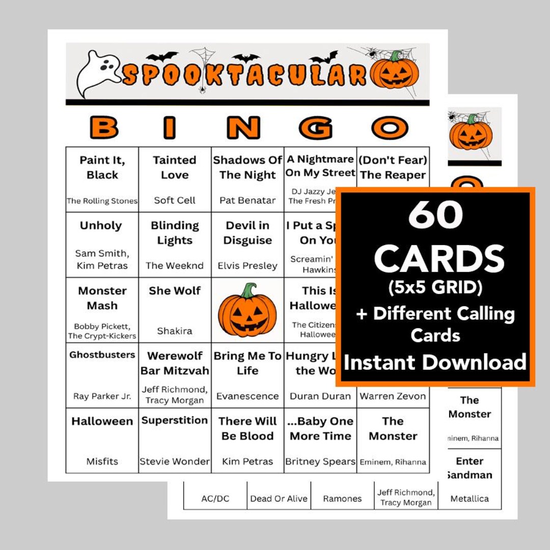 Halloween Hits, Spooktacular Music, Digital Halloween Bingo Cards, 60 ...
