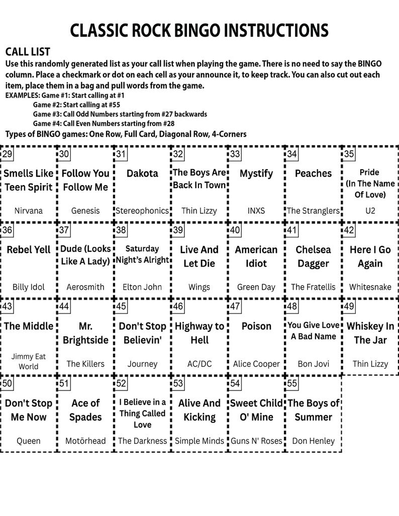 Classic Rock Music Bingo Game, 100 Cards, Spotify Playlist (digital ...