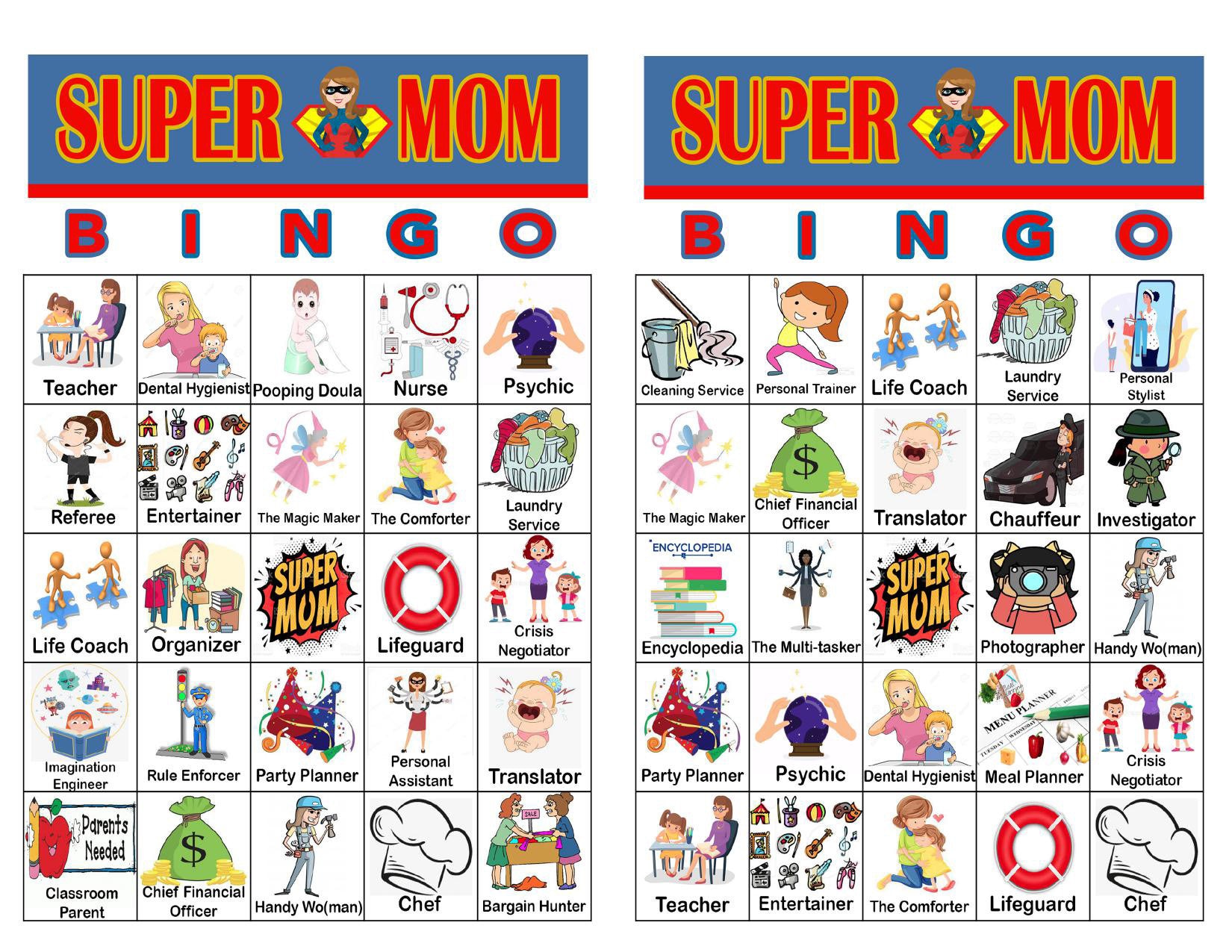 SUPER Mom Bingo mother's Day Bingo Mothers Day Bingo 60 - Etsy