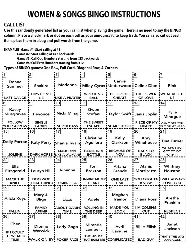 Women and Songs Bingo Womens Music Girl Songs 5'x5' - Etsy