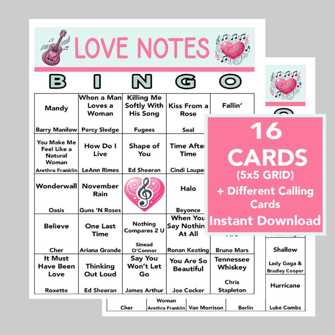 Love Songs, Love Notes Bingo, Music Party, Digital Download, Bingo ...