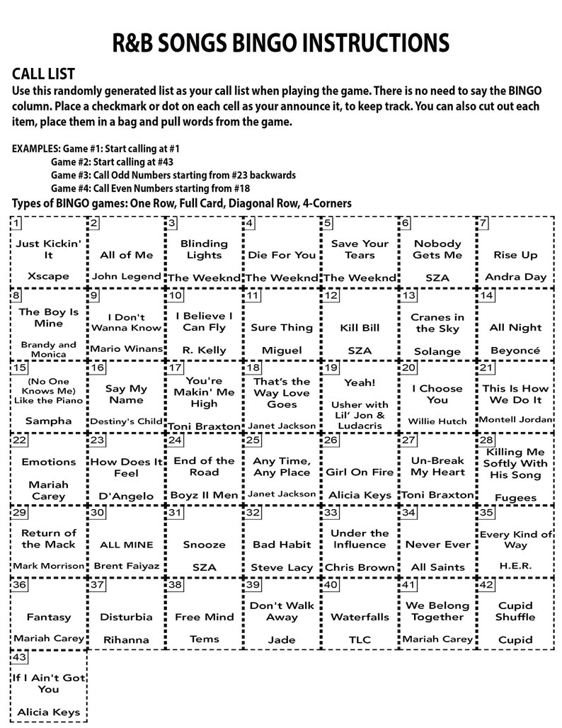 R&B Music Hits, Rhythm and Blues Party, Digital Download, Bingo Games, Printable Games, 100 ...