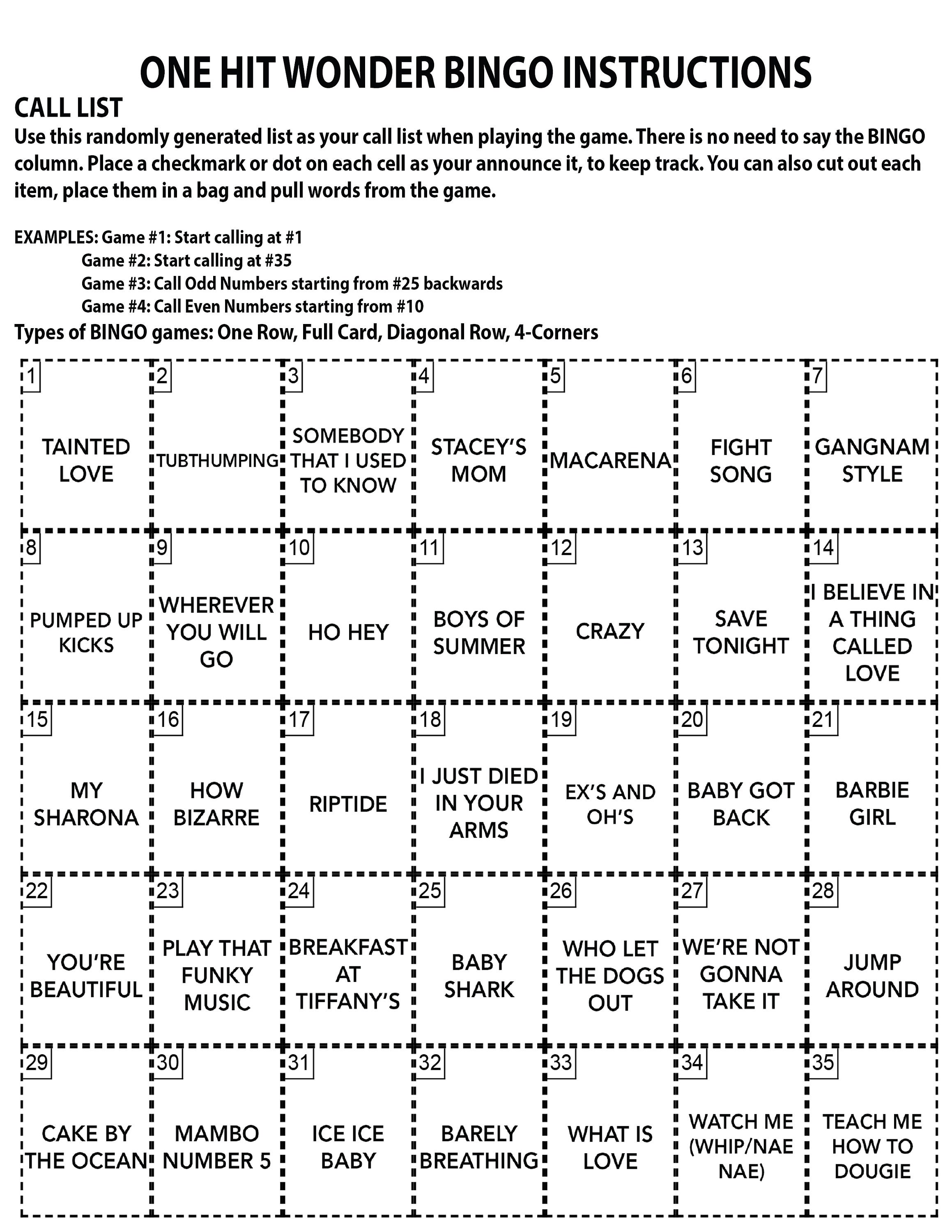 One Hit Wonder Music, One Hit Wonder Songs, 60 Unique Bingo Cards ...