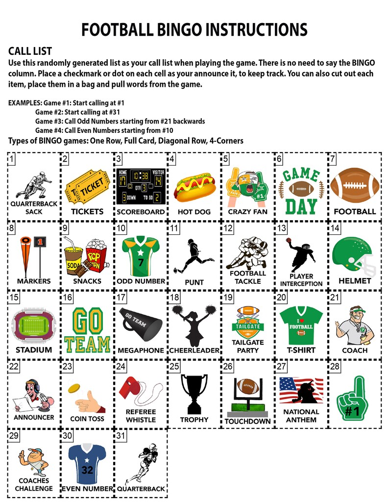Football Bingo Game Sports Bingo Party Bingo Football - Etsy