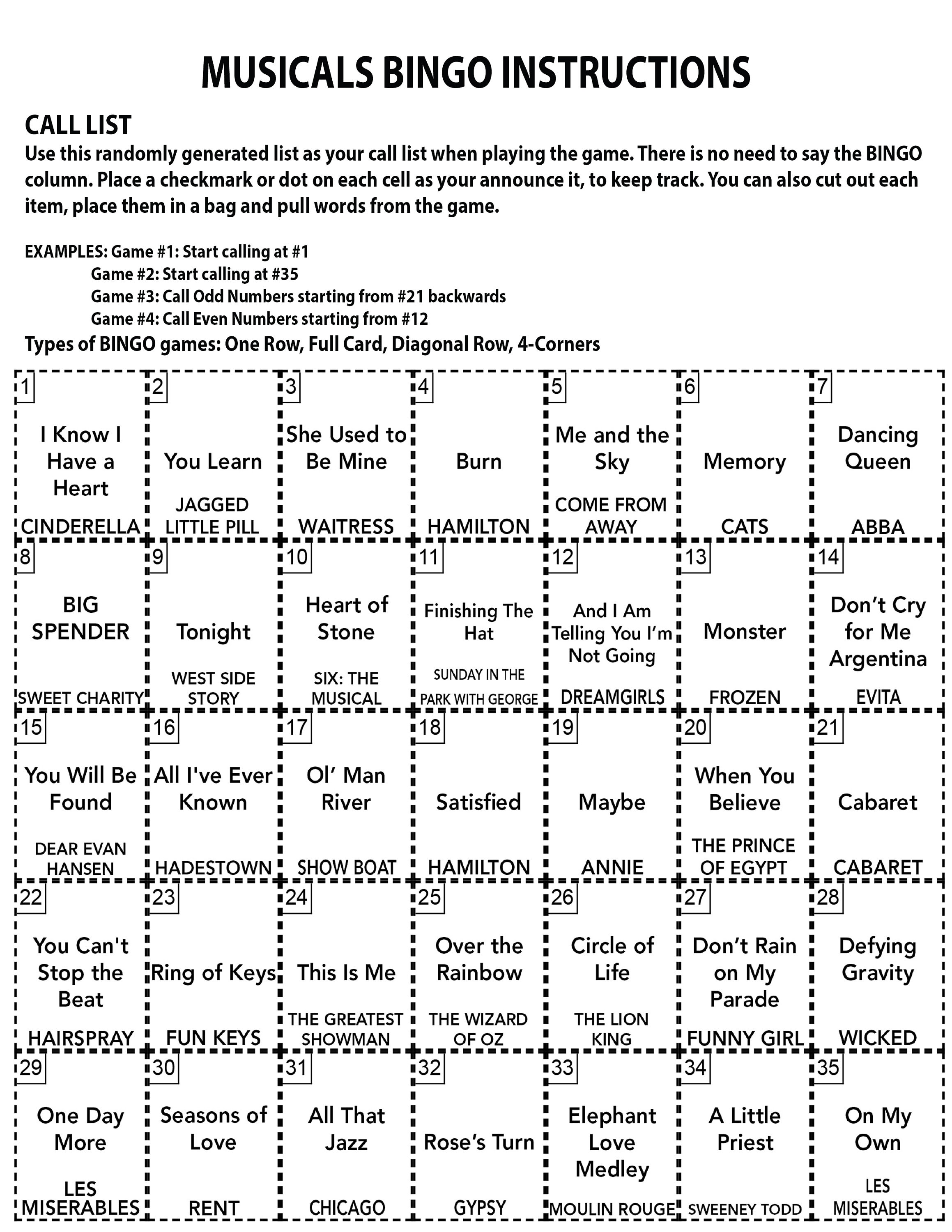 Broadway Music Hits Broadway Musicals Bingo Games Printable - Etsy