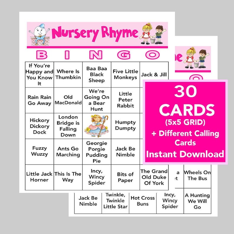 Nursery Rhymes, Nursery Rhyme Bingo, Girl Baby Shower Game, Digital ...
