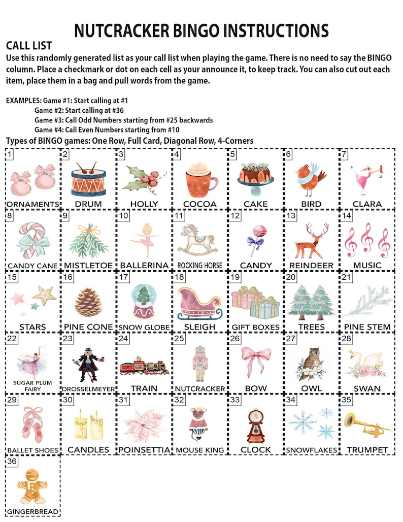 Nutcracker, Nutcracker Bingo, Christmas Bingo, Holiday Party Game ...