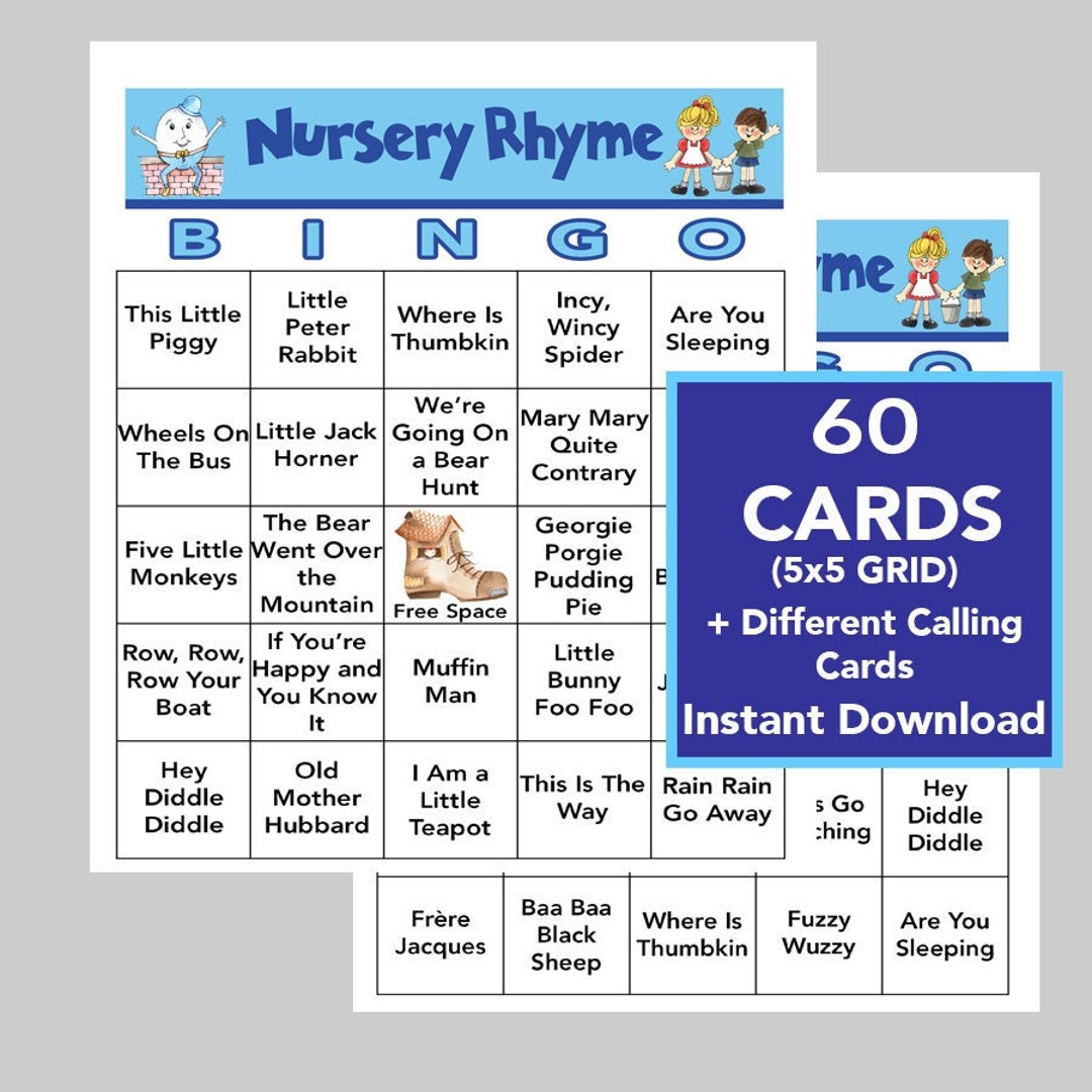Nursery Rhymes, Nursery Rhyme Bingo, Boy Baby Shower Game, Digital ...