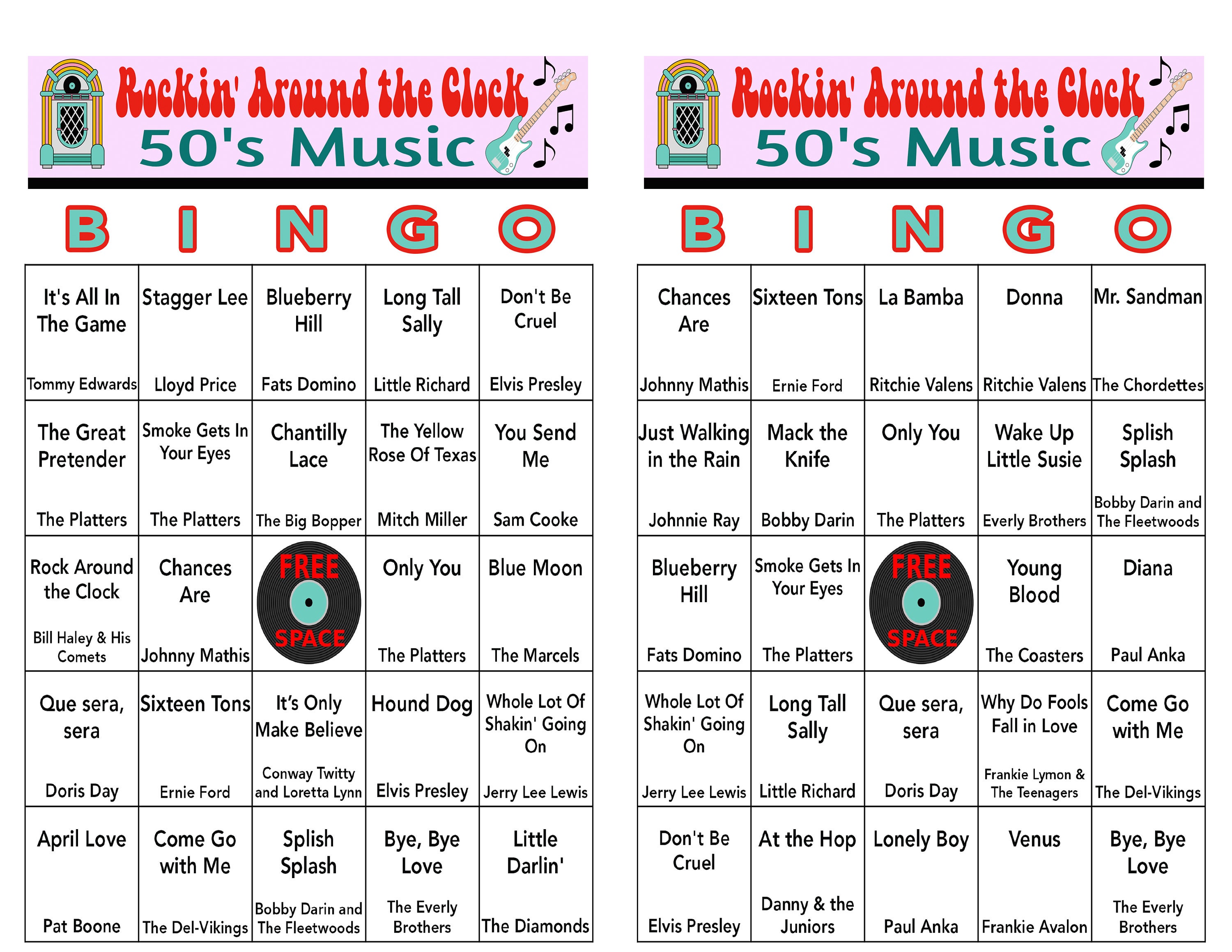 50's Music Hits 50's Party 50's Bingo Instant - Etsy