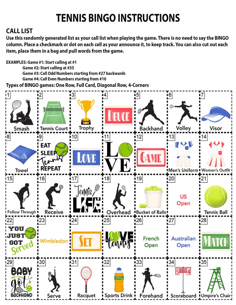 Tennis Bingo Game, 30 Unique Cards, Family Fun (instant Download) - Etsy