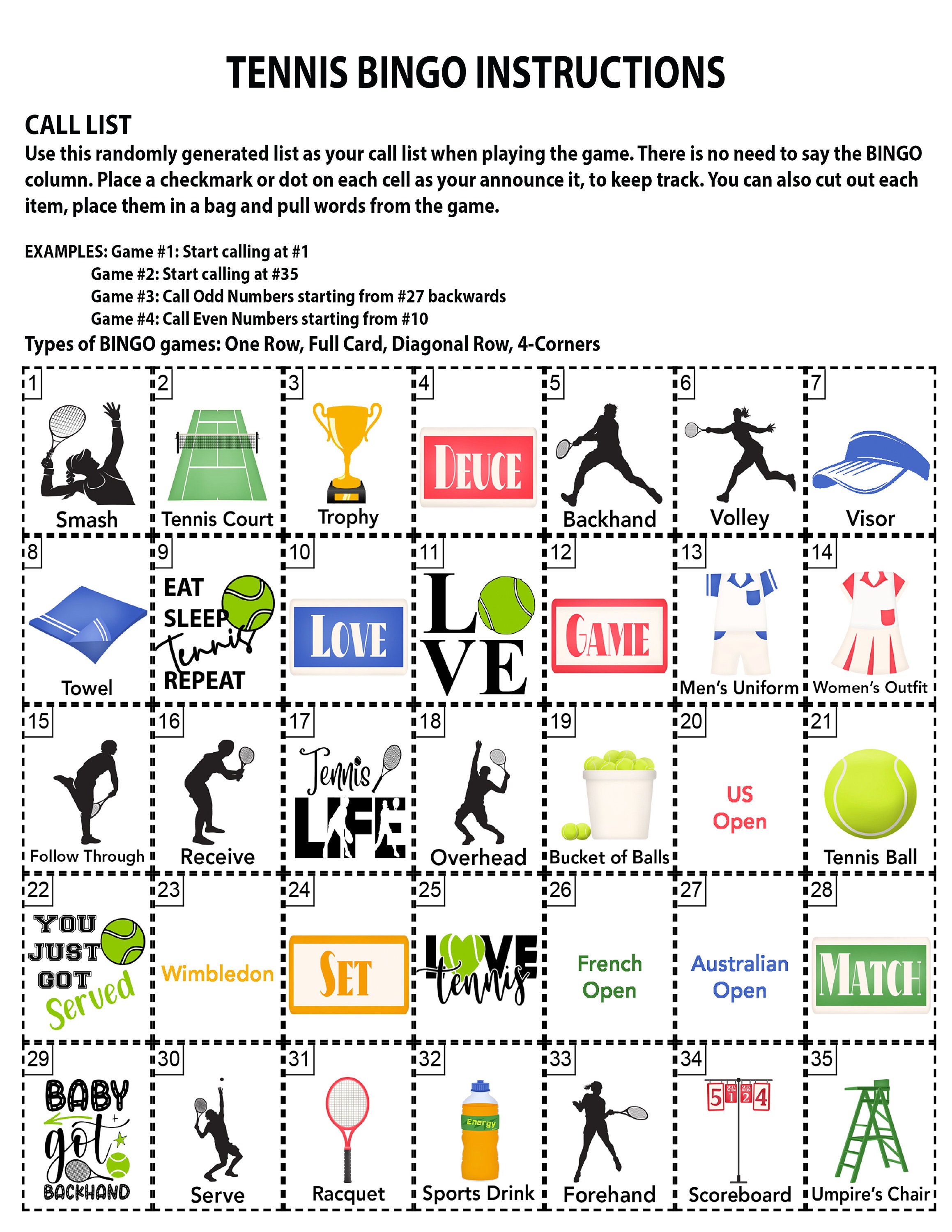 Tennis Bingo Game Sports Bingo Tennis Party Bingo Tennis - Etsy