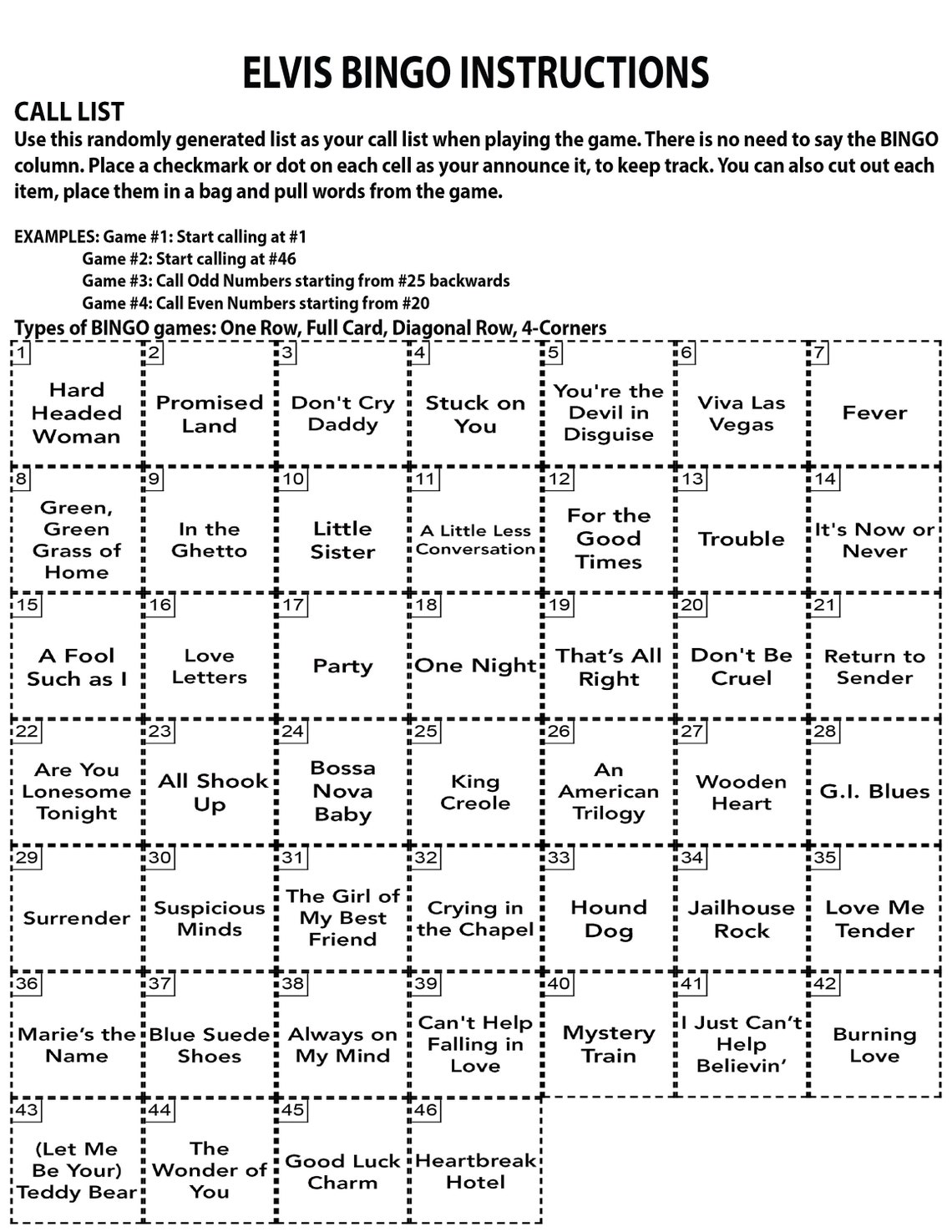 Elvis Presley Hits Elvis Music Bingo Games Instant Digital - Etsy