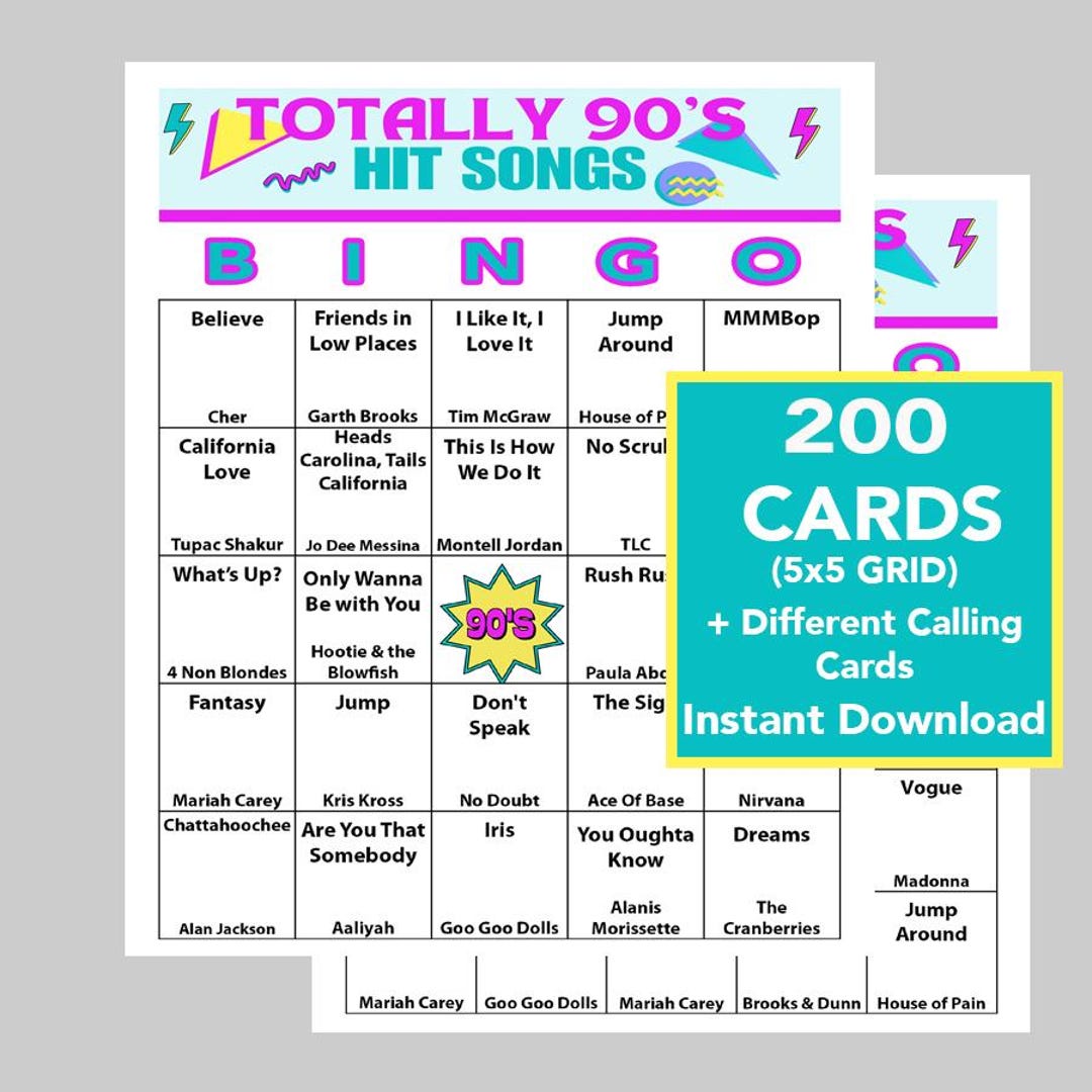 90's Music Hits, 90s Bingo Game, Digital Download, Bingo Games, 200 ...
