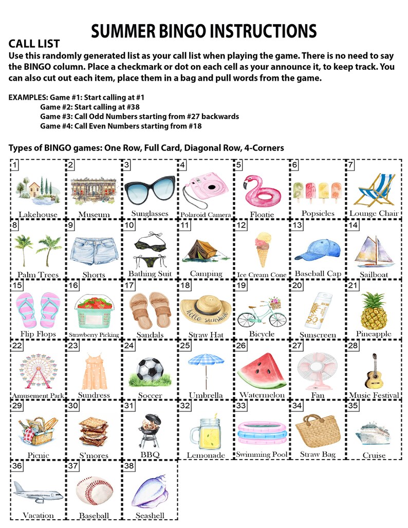 Summer Bingo Cards Summer Vacation Bingo Camp Party Bingo - Etsy