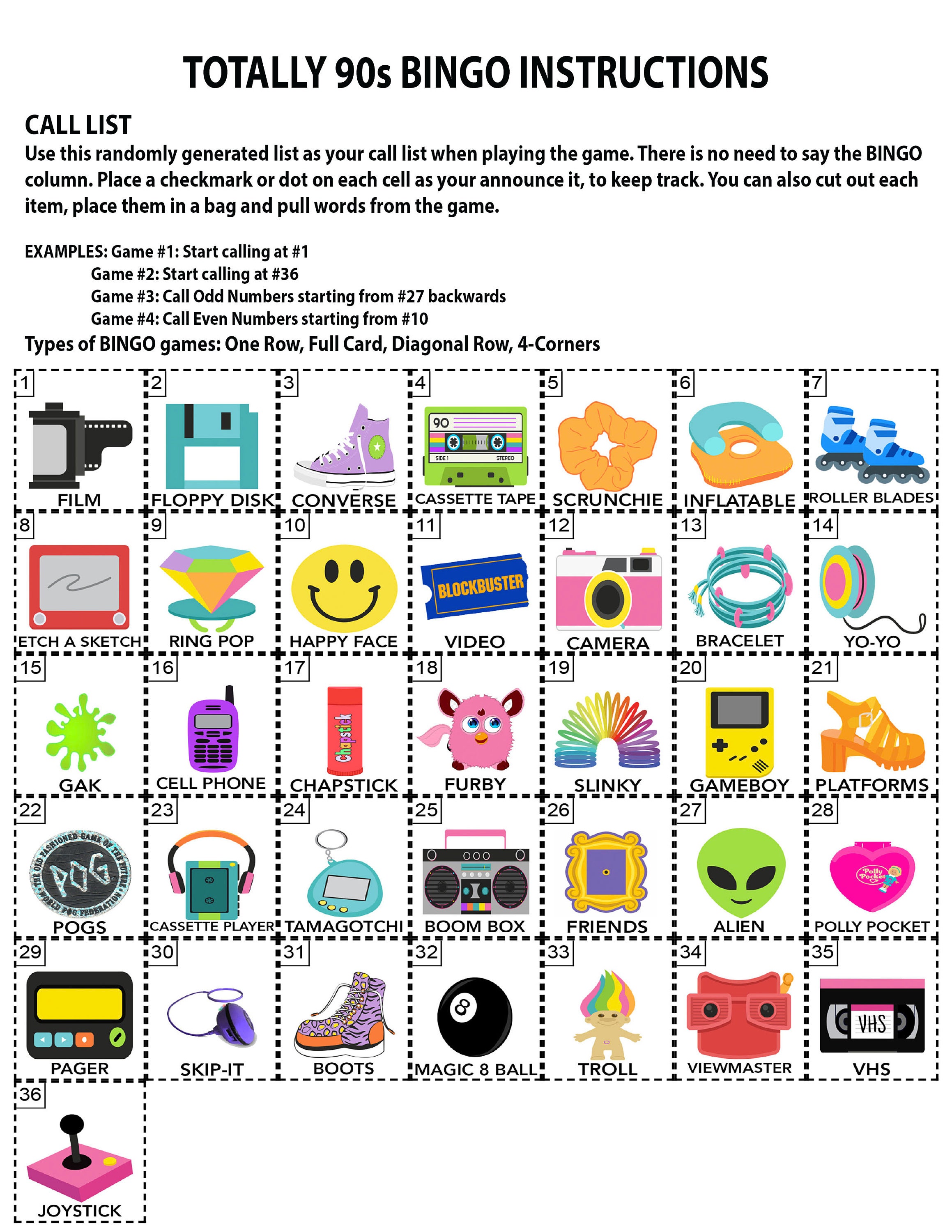90's Bingo 90's Games 90's Birthday Party - Etsy